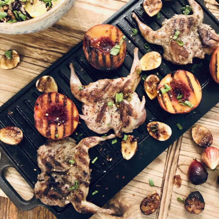 Grilled Quail with Caramelized Peaches and Figs - Stacy Lyn Harris